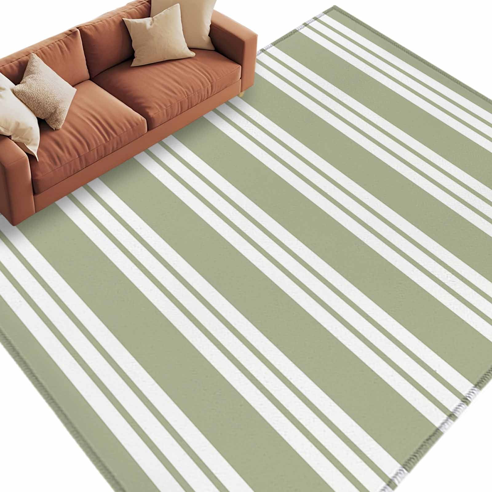 Area Rug 5x8ft, Sage Green Stripes Country Washable Rugs for Living ...