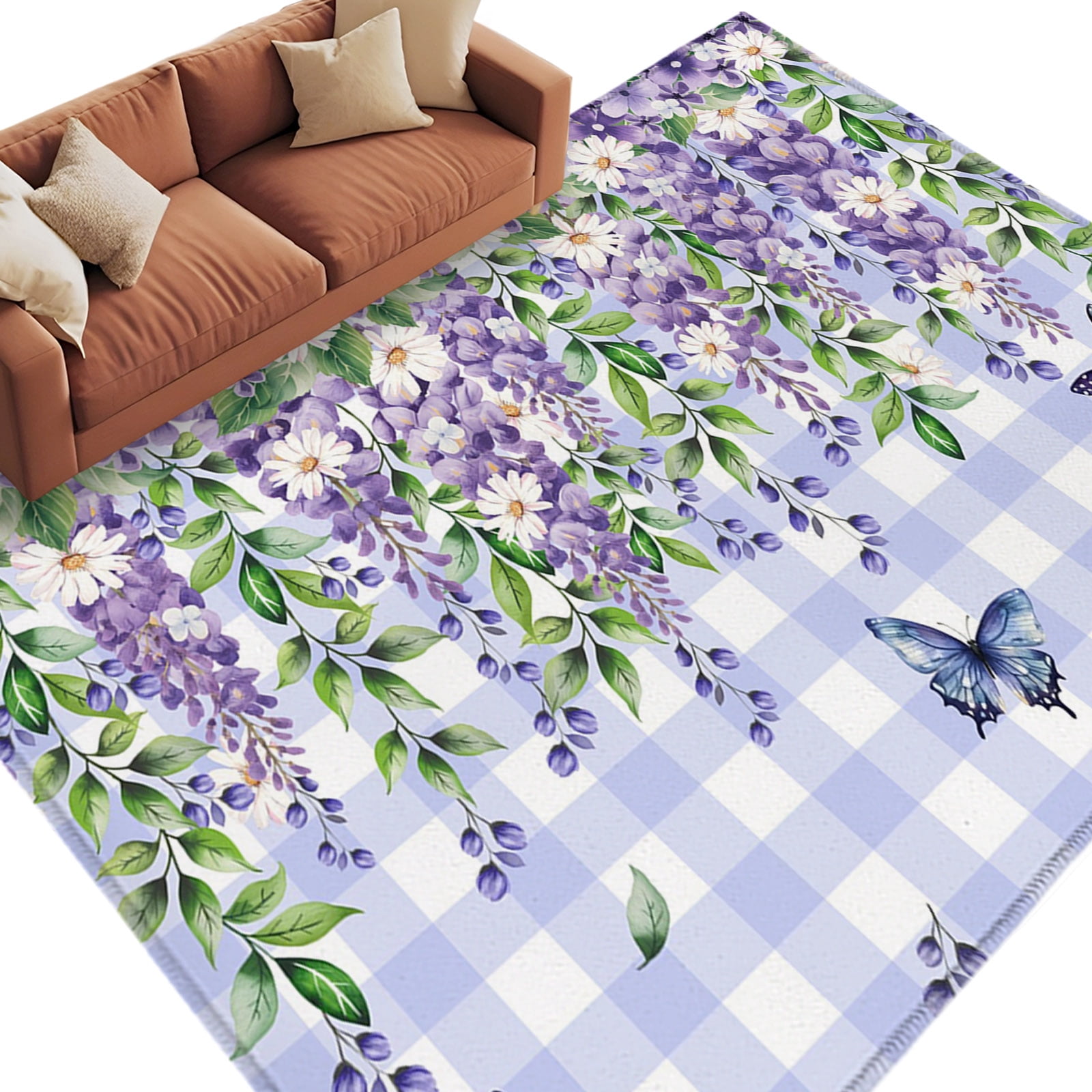 Area Rug 5x8ft, Summer Flower Leaf Butterfly Washable Rugs for Living ...