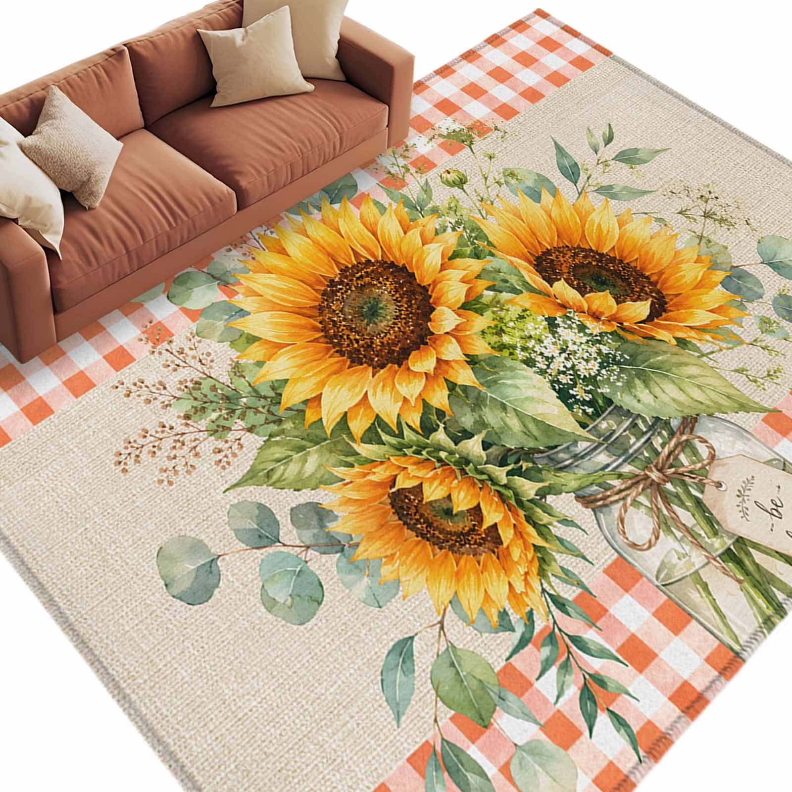 Area Rug 5x8ft, Summer Sunflower Leaves Vase Washable Rugs for Living ...