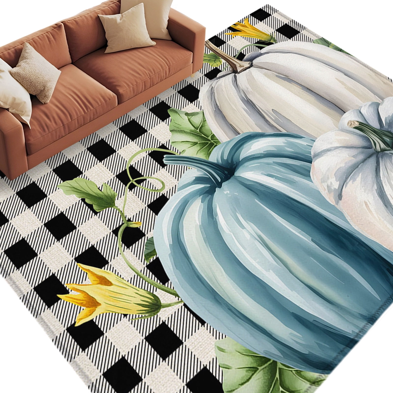Area Rug 5x8ft, Teal Pumpkin Fall Thanksgiving Black Plaid Washable ...