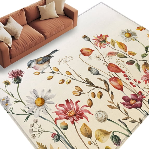 Area Rug 5x8ft, Thanksgiving Fall Leaf Daisy Flower Bird Washable Rugs ...