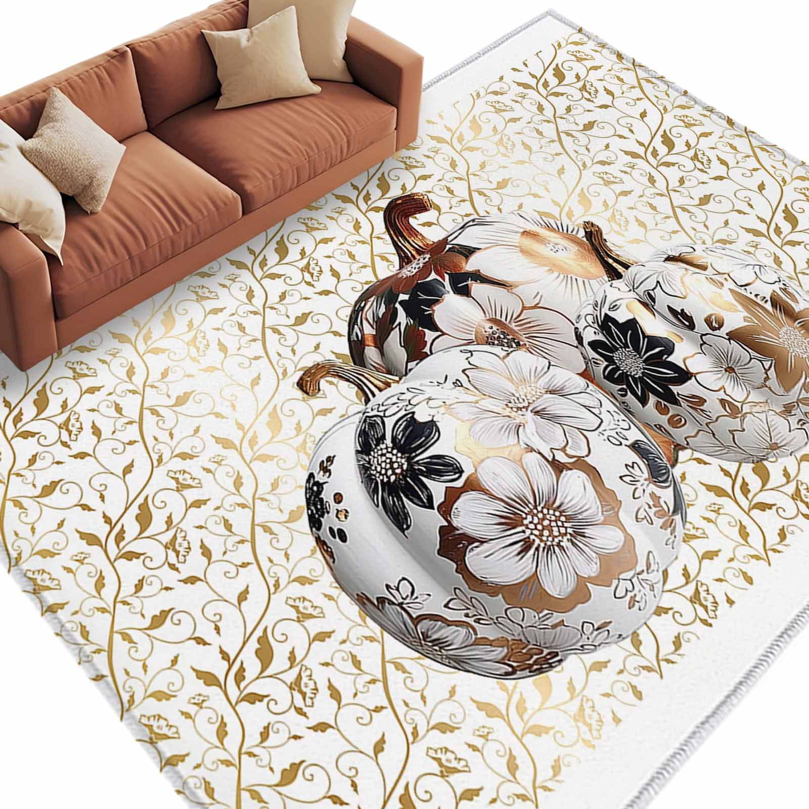 Area Rug 5x8ft, Thanksgiving Floral Texture Pumpkin Washable Rugs for ...