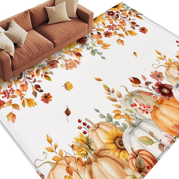 Area Rug 5x8ft, Thanksgiving Pumpkin Eucalyptus Leaves Washable Rugs ...