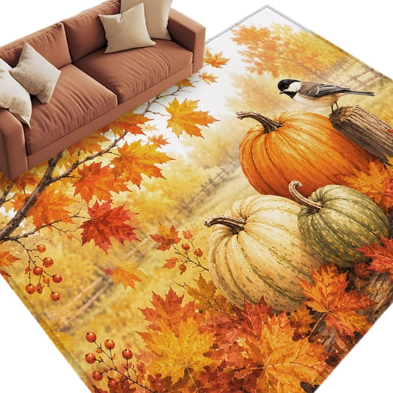 Area Rug 5x8ft, Thanksgiving Pumpkins Autumn Maple Leaves Orange ...