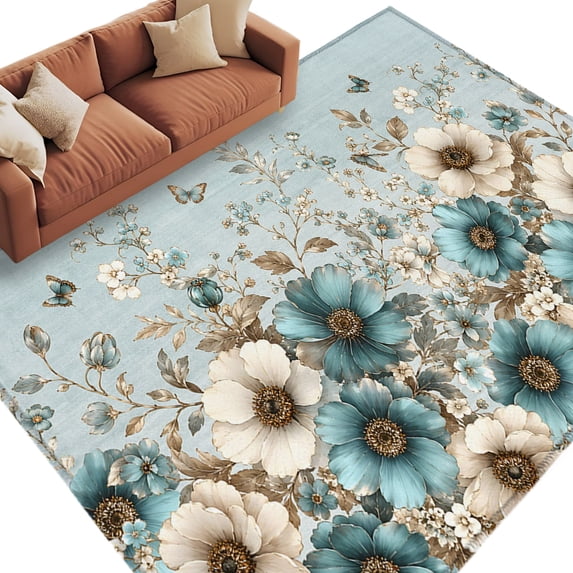 Area Rug 5x8ft, Vintage Blue Beige Tulip Washable Rugs for Living Room ...
