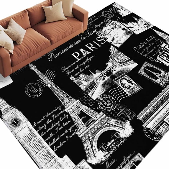 Area Rug 5x8ft, Vintage Paris Architectural Black Washable Rugs for ...
