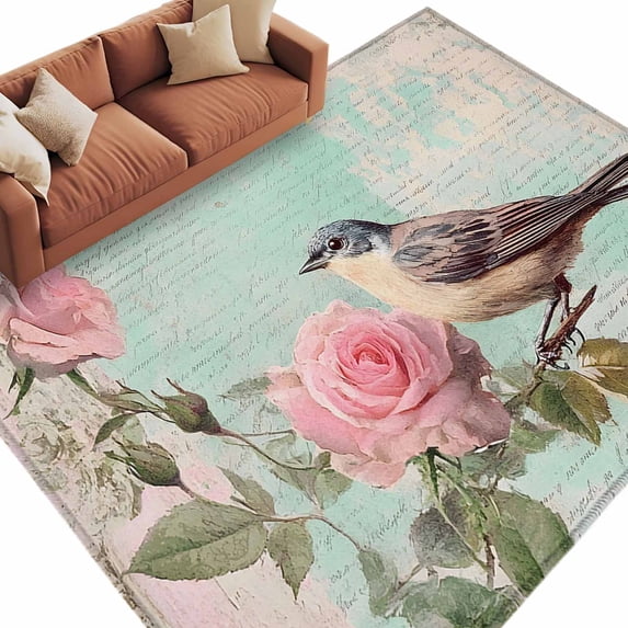 Area Rug 5x8ft, Vintage Pink Rose Floral Bird Washable Rugs for Living ...