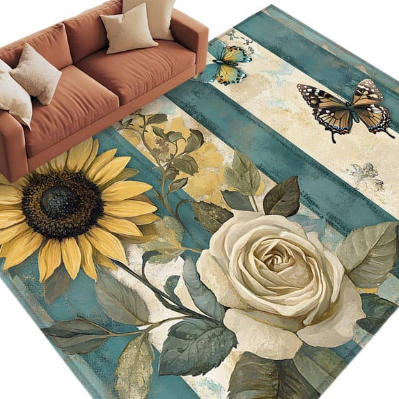 Area Rug 5x8ft, Vintage Sunflower Rose Butterfly Washable Rugs for ...