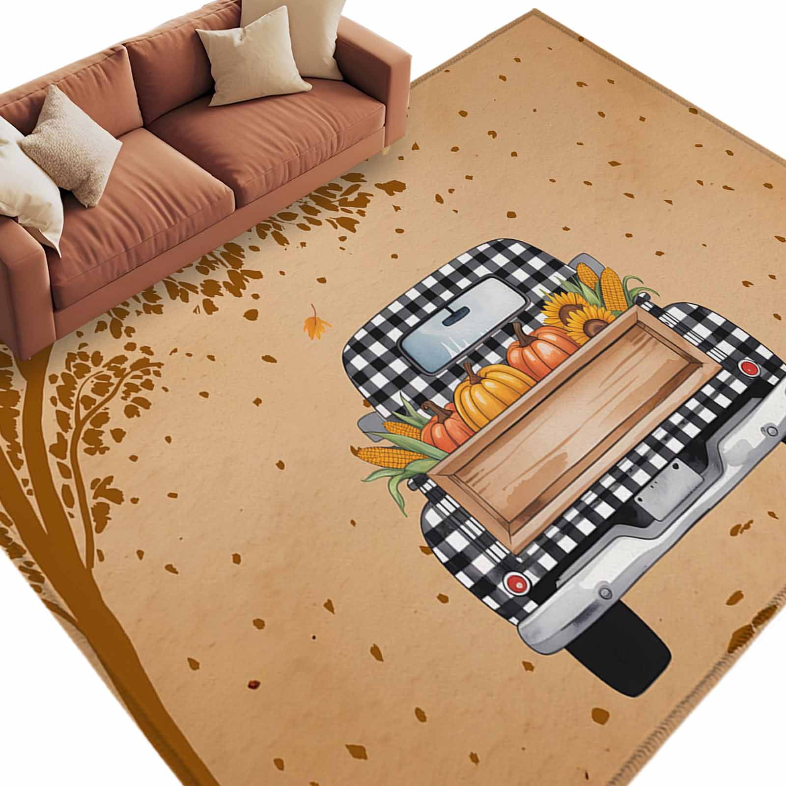 Area Rug 5x8ft, Watercolor Autumn Pumpkin Sunflowers Washable Rugs for ...