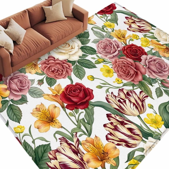 Area Rug 5x8ft, Watercolor Flower Garden Rose Washable Rugs for Living ...