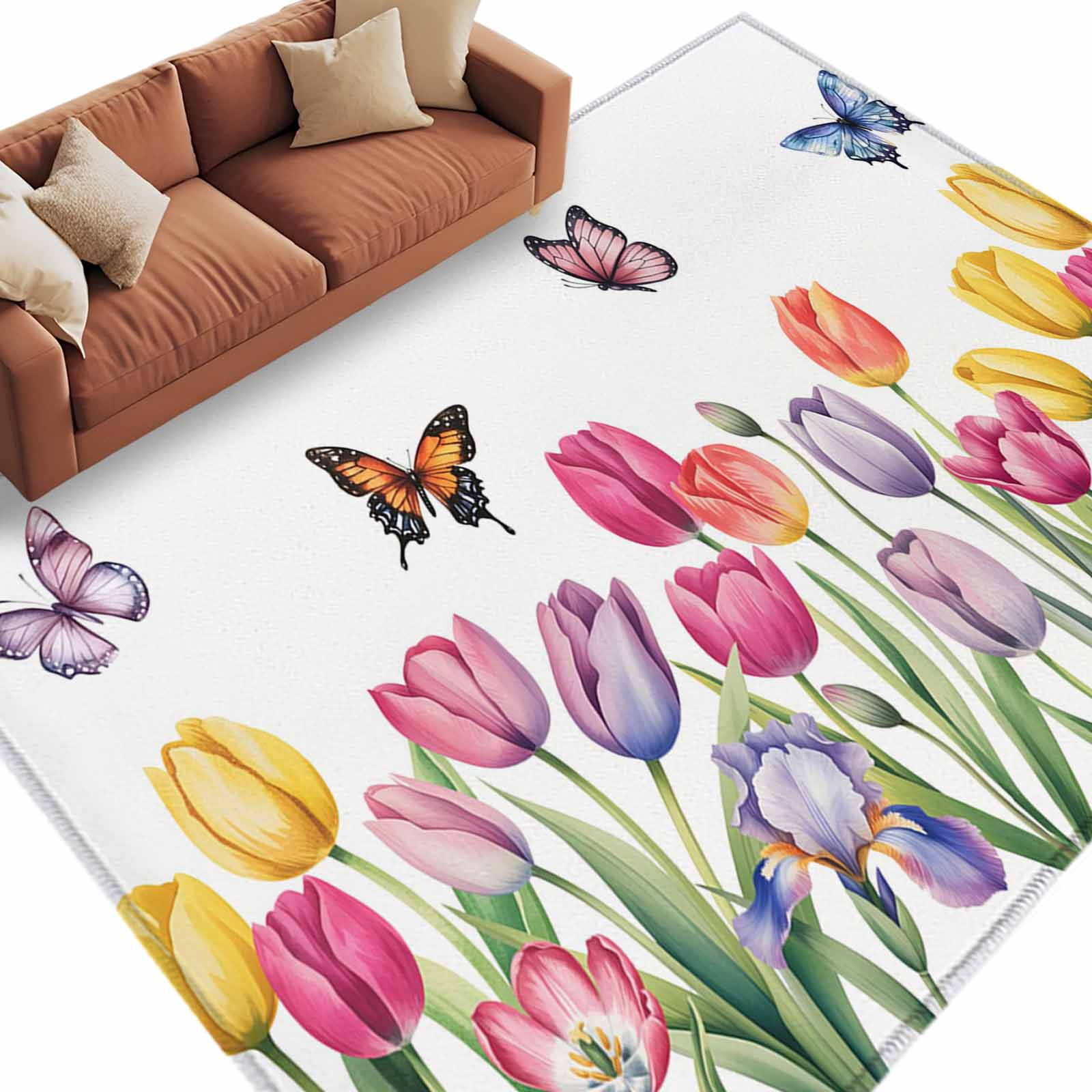 Area Rug 5x8ft, Watercolor Pastoral Tulips Butterfly Washable Rugs for ...