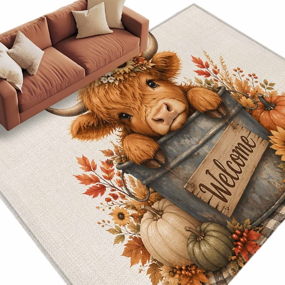 Area Rug 5x8ft, Welcome Words Cute Cow Washable Rugs for Living Room ...