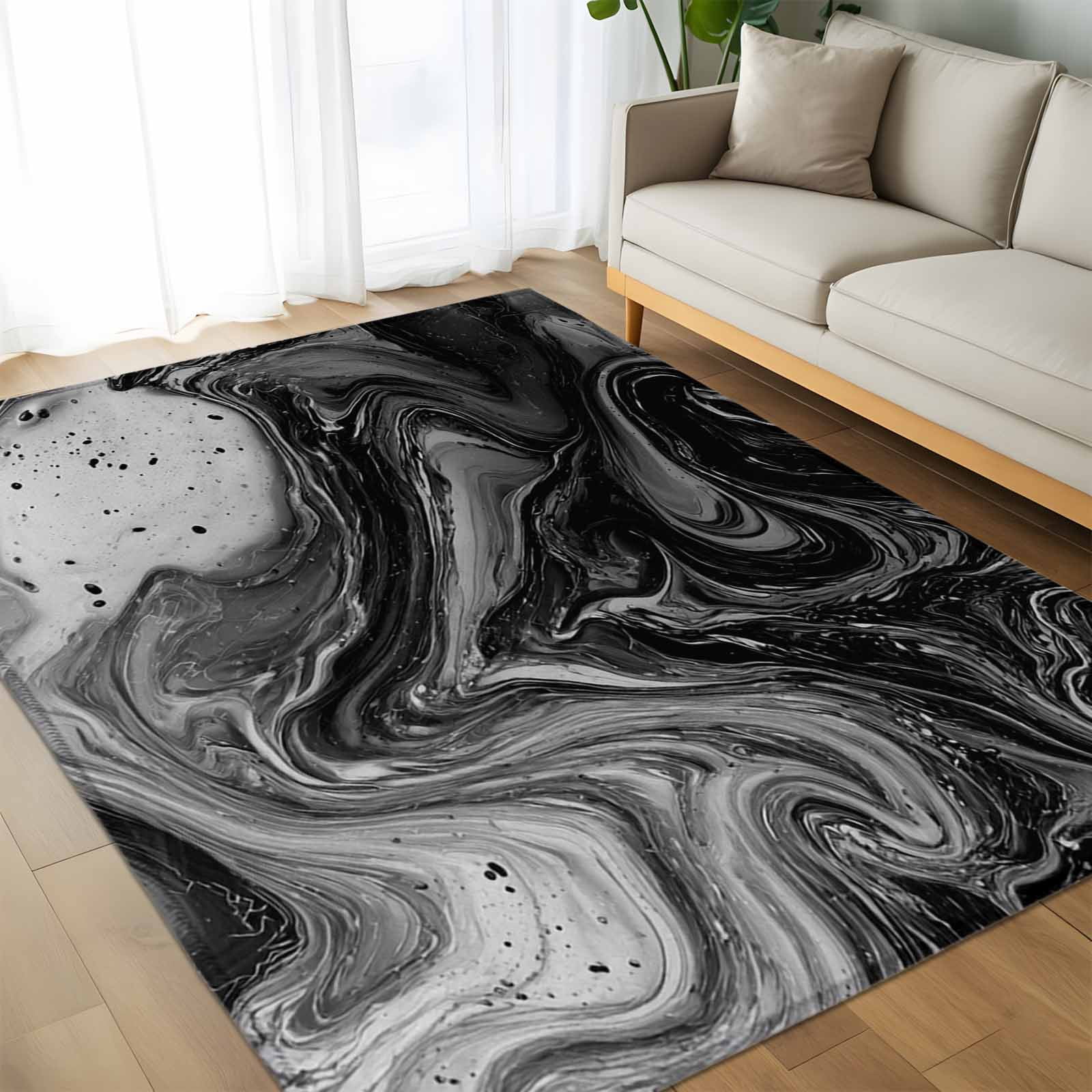 Area Rug 60×96in, Abstract Black Gray Fluid Art Floor Carpet Living ...