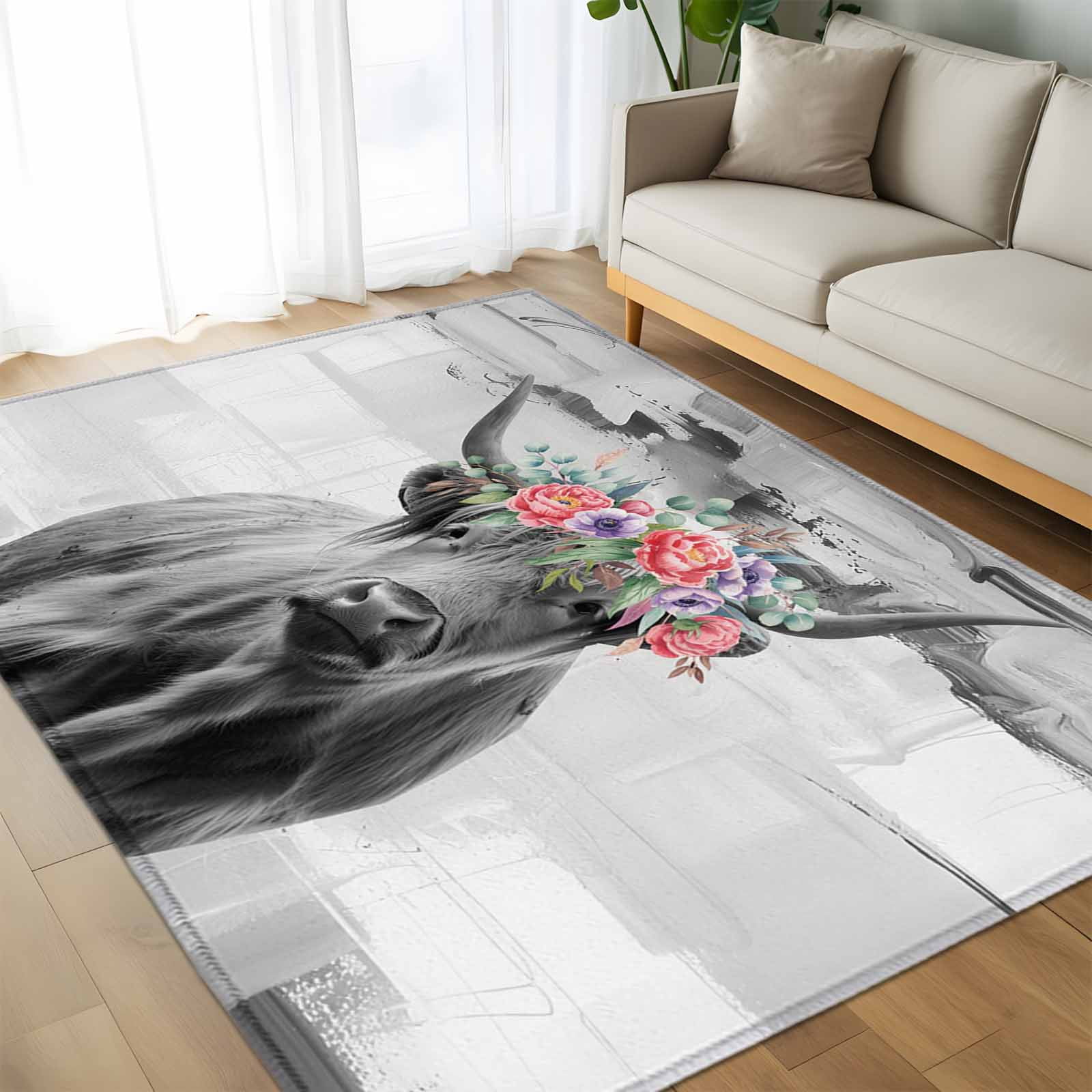 Area Rug 60×96in, Abstract Red Purple Flowers Cow Floor Carpet Living ...