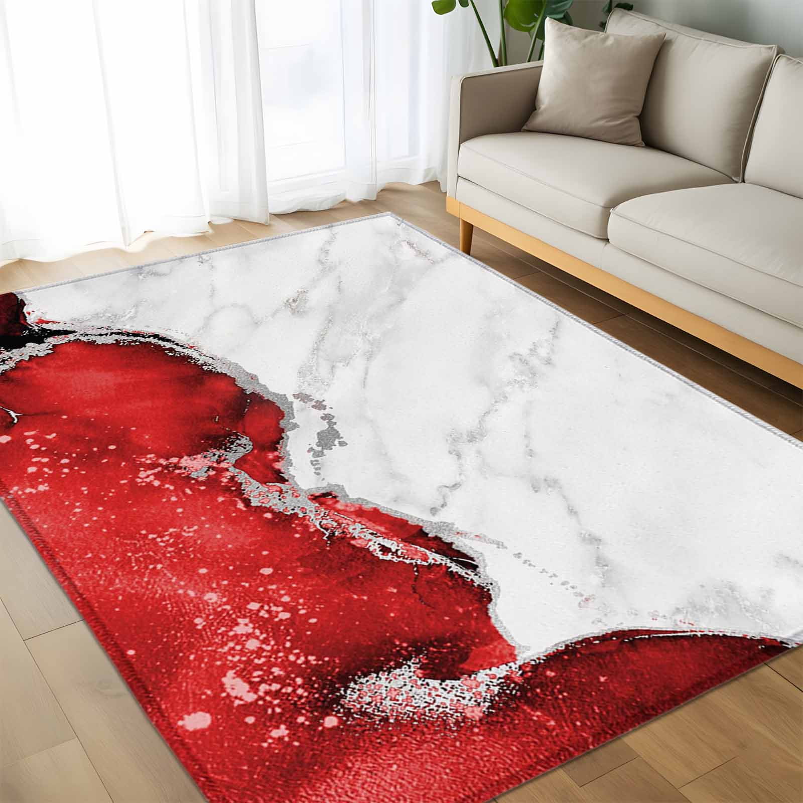 Area Rug 60×96in, Abstract Red White Marble Texture Floor Carpet Living ...