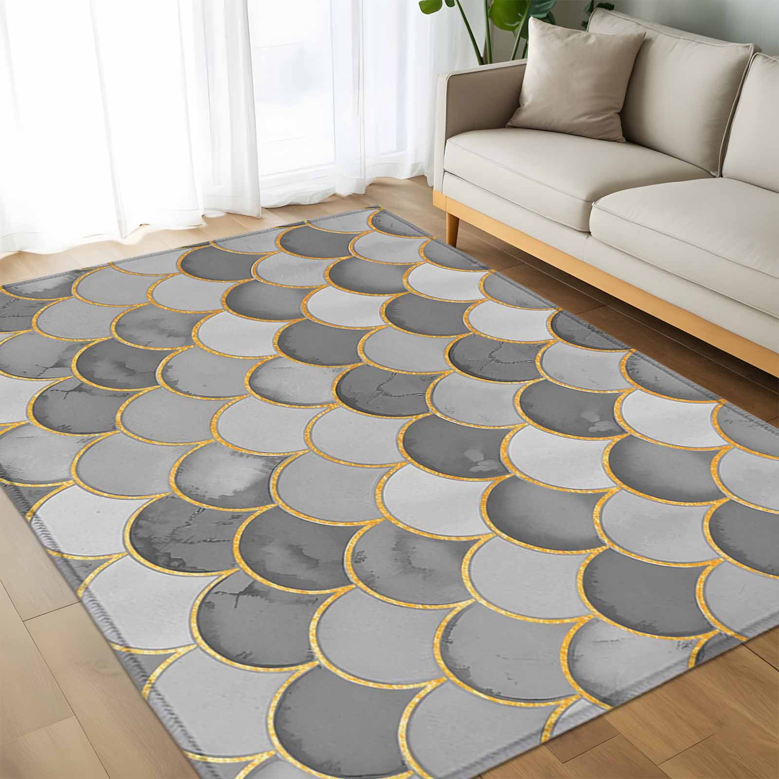 Area Rug 60×96in, Abstract Scales Gold Line Floor Carpet Living Room ...