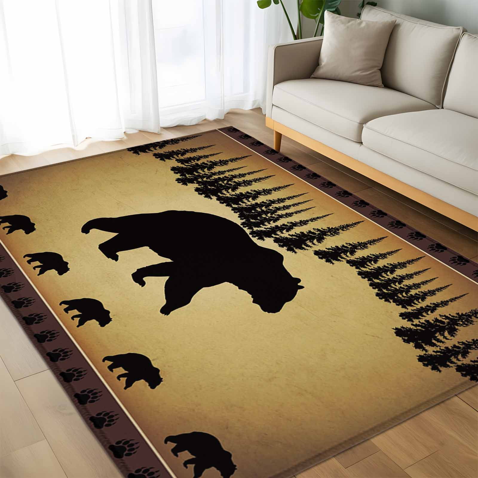 Area Rug 60×96in, Bear Animal Silhouette Jungle Forest Floor Carpet ...