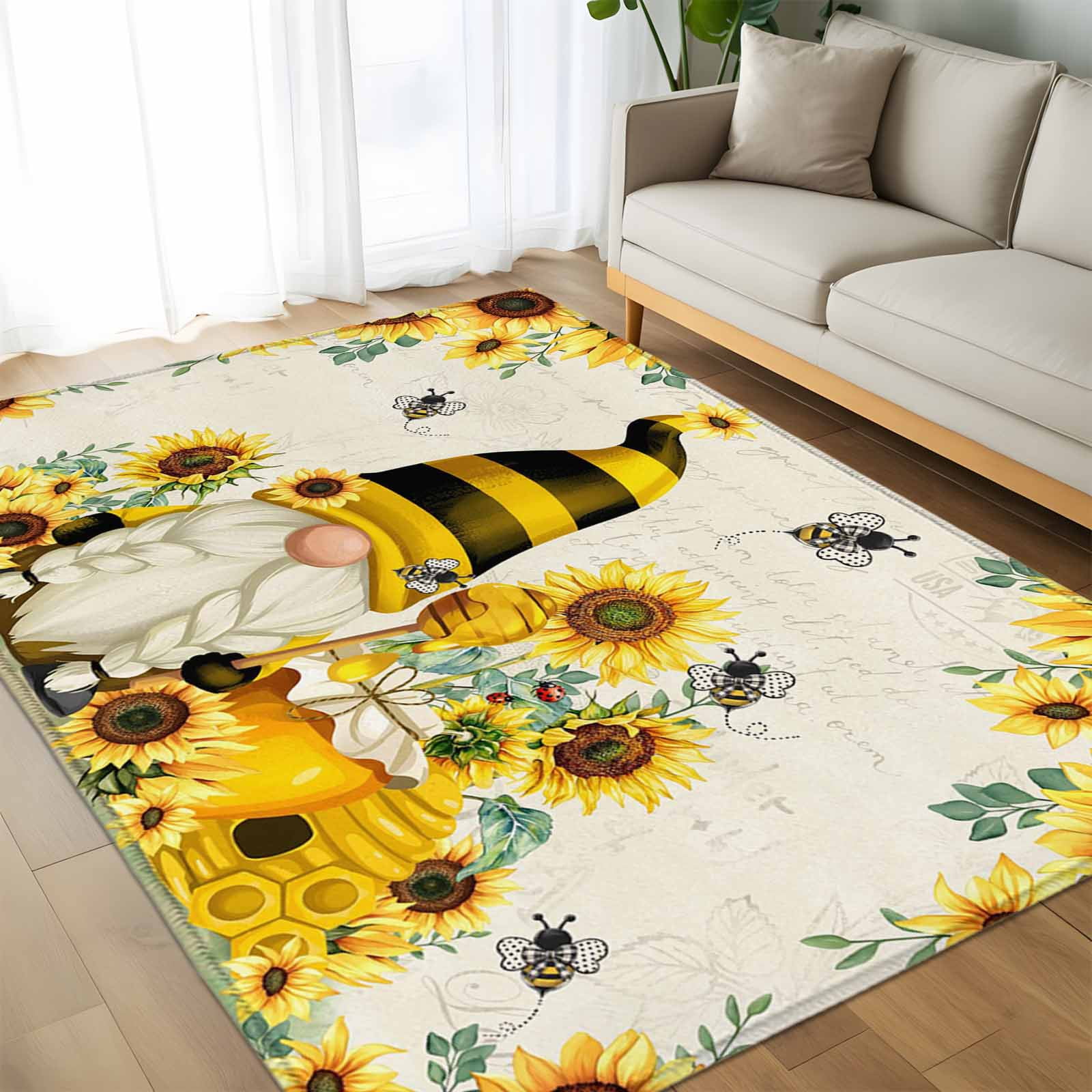 Area Rug 60×96in, Bee Dwarf Watercolor Sunflower Floor Carpet Living ...