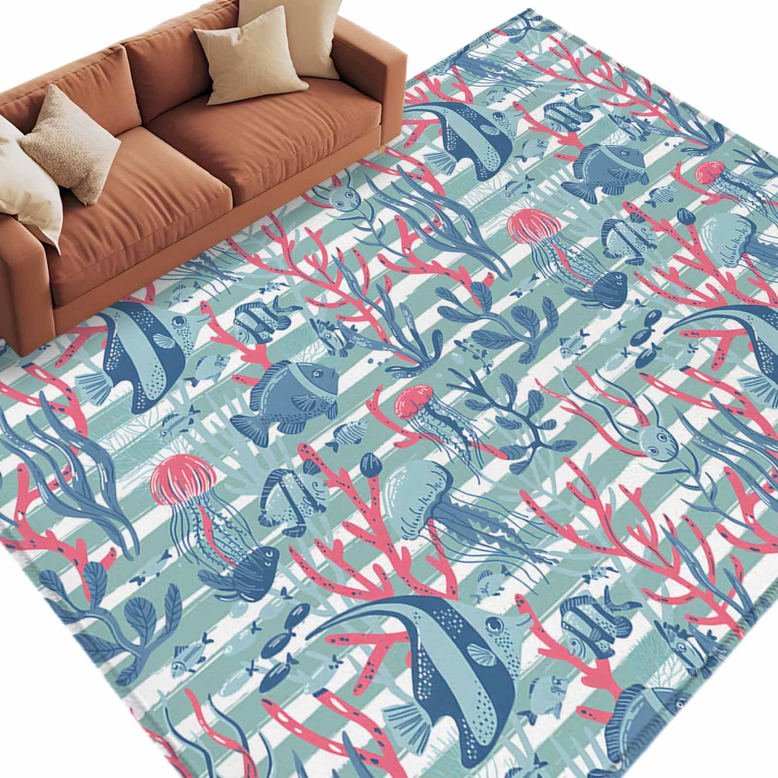 Area Rug 60×96in, Blue Ocean Cartoon Fish Coral Floor Carpet Living ...