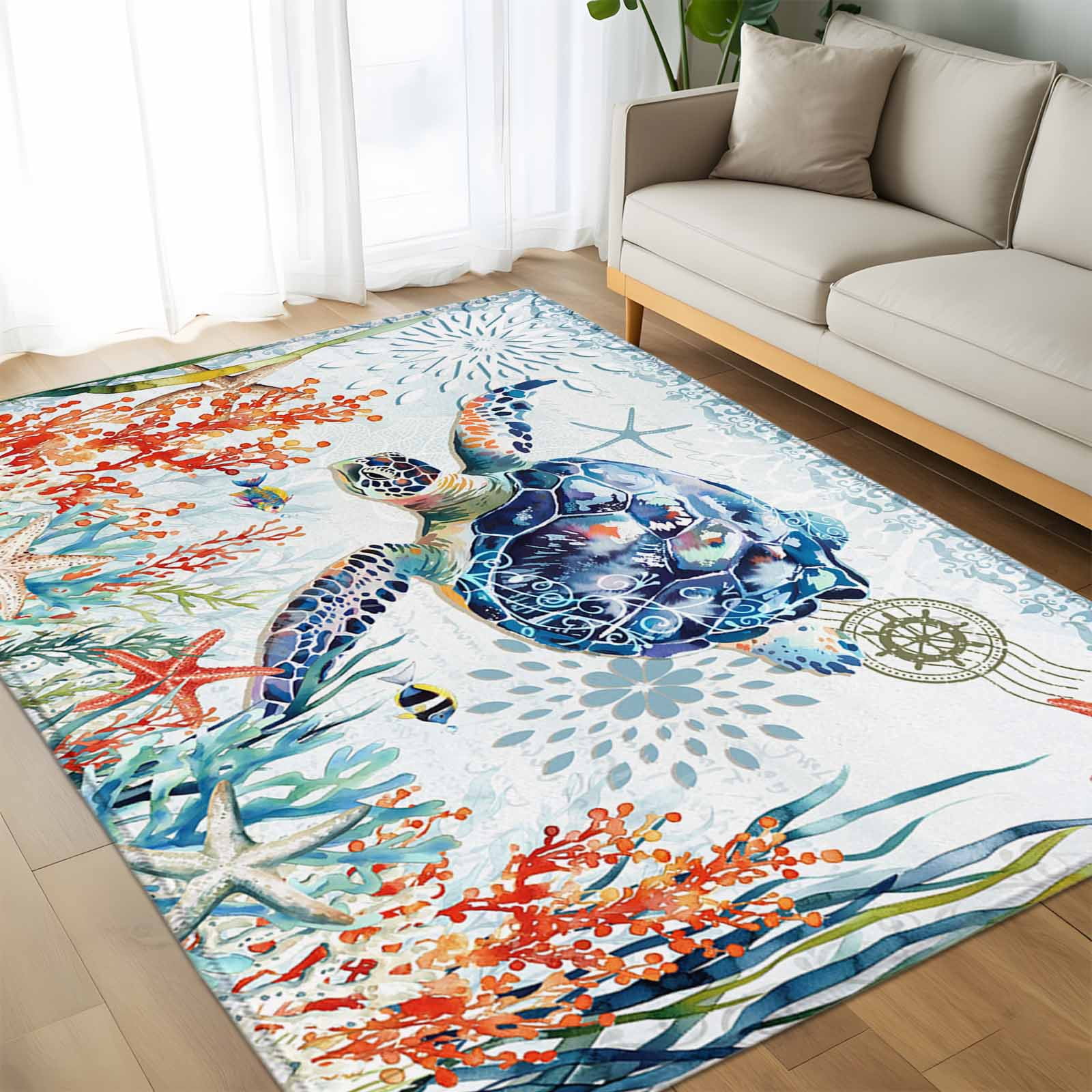 Area Rug 60×96in, Blue Sea Turtle Summer Ocean Coral Floor Carpet ...