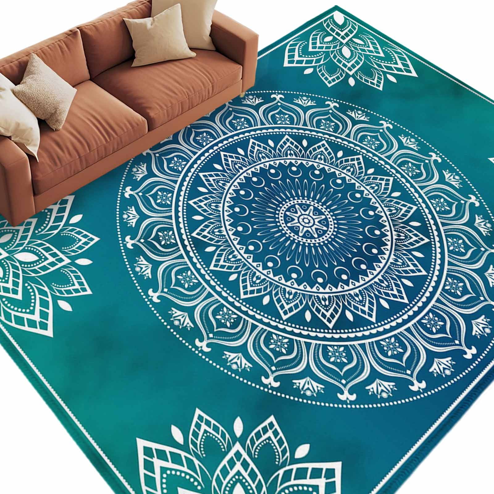 Area Rug 60×96in, Bohemian Abstract Flower Teal Blue Gradient Floor ...