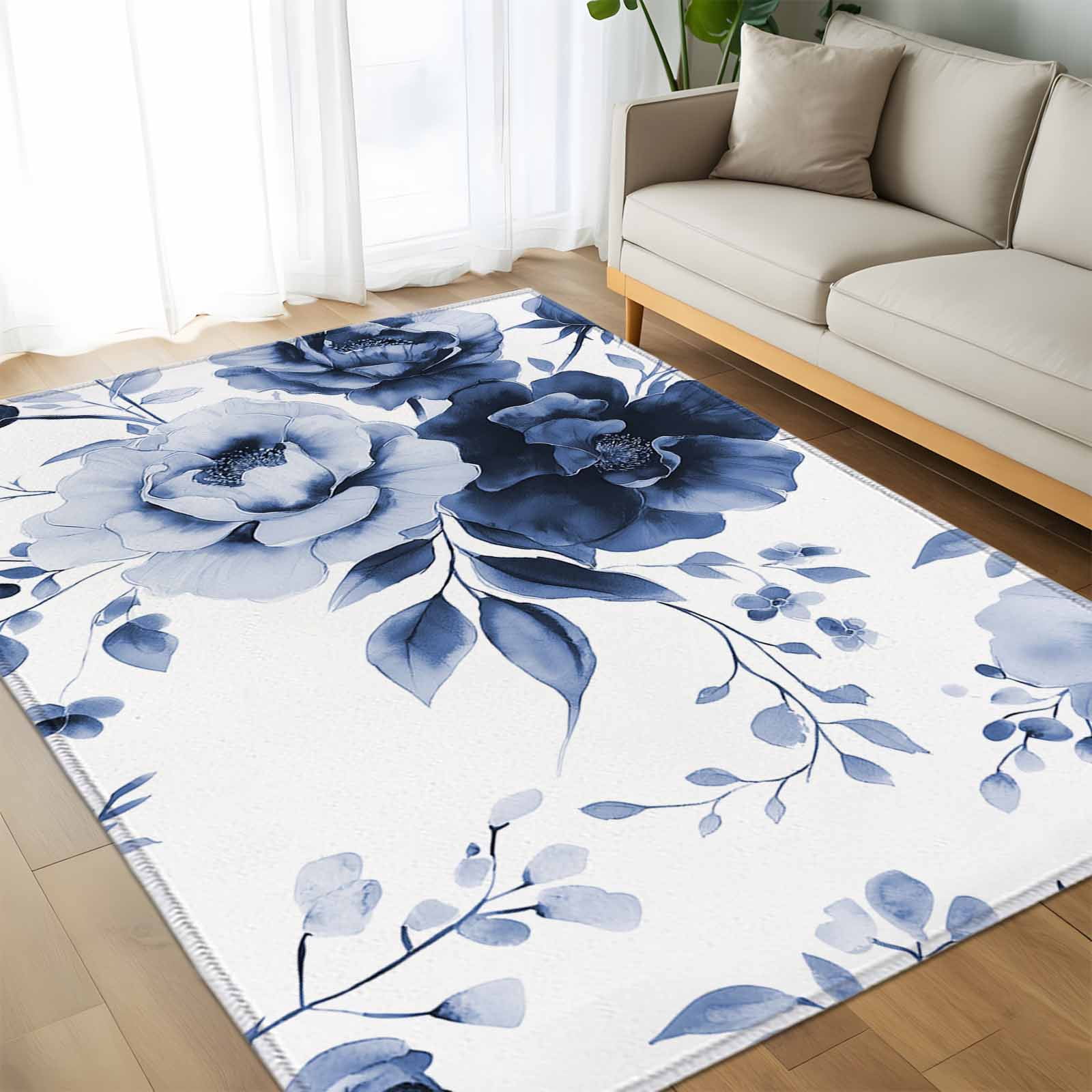 Area Rug 60×96in, Booming Blue Gradient Floral Floor Carpet Living Room ...