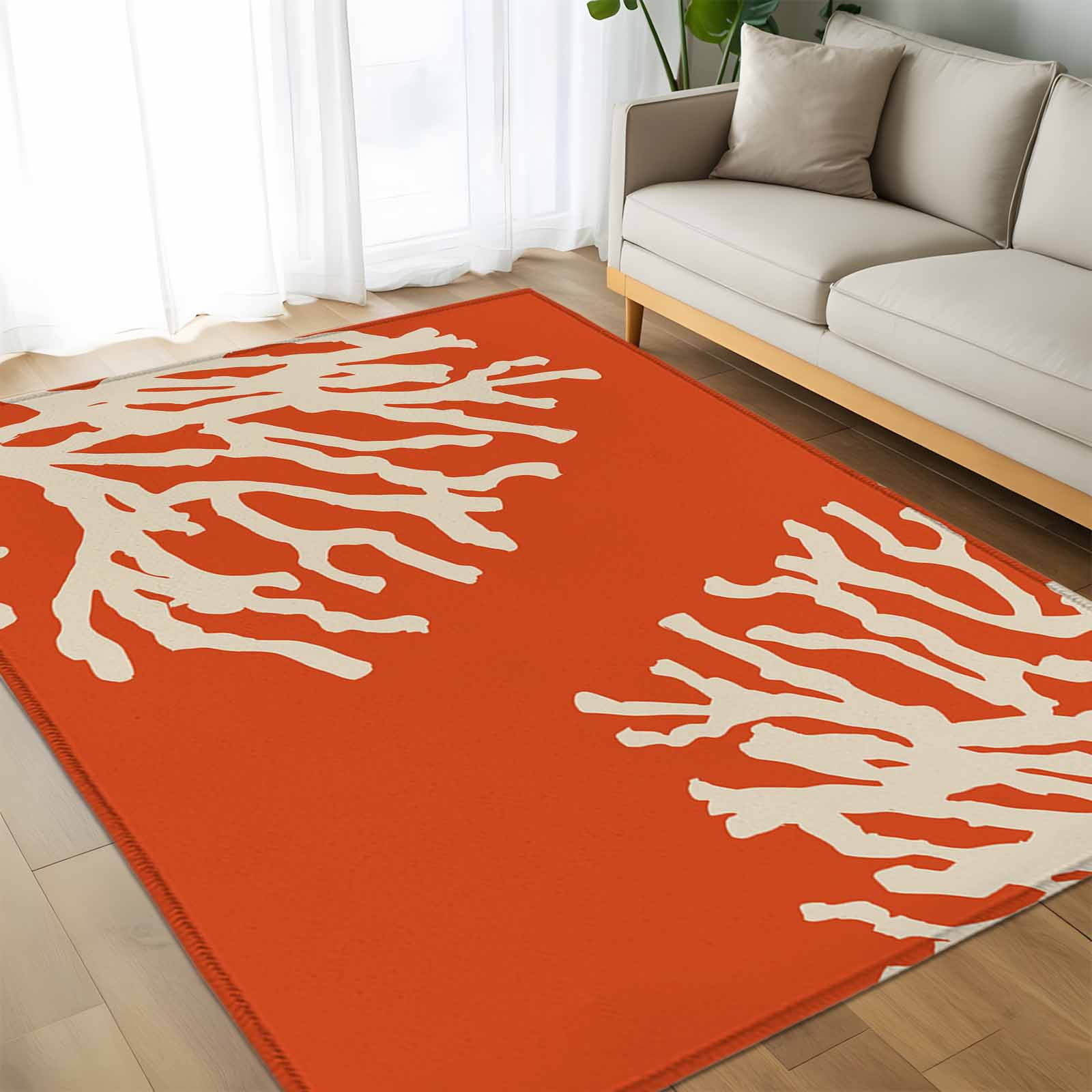 Area Rug 60×96in, Classic Ocean Beige Coral on Orange Floor Carpet ...