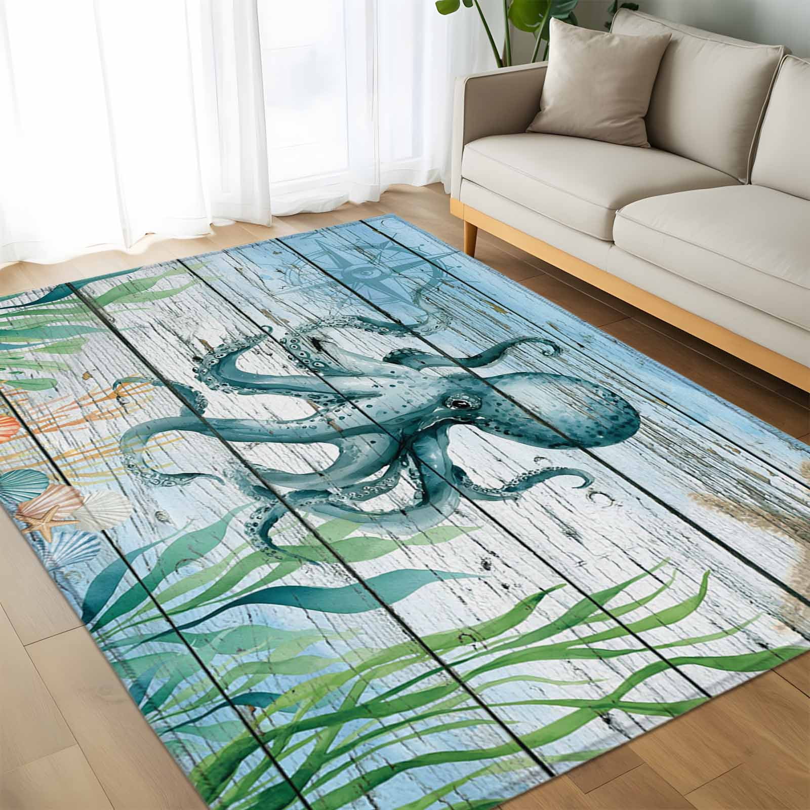 Area Rug 60×96in, Coastal Octopus Starfish Shells Floor Carpet Living ...