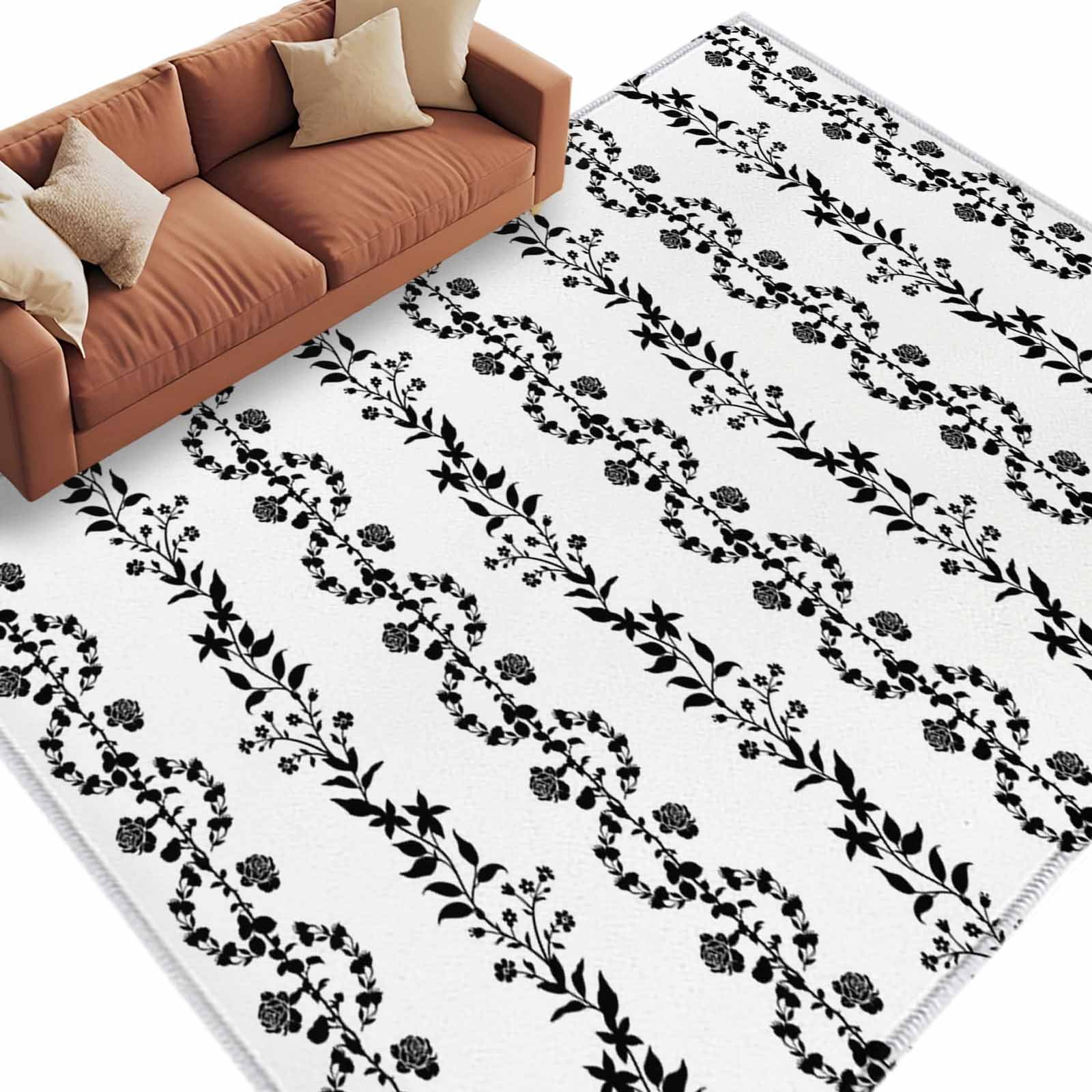Area Rug 60×96in, Country Herb Leaves Black White Floor Carpet Living ...