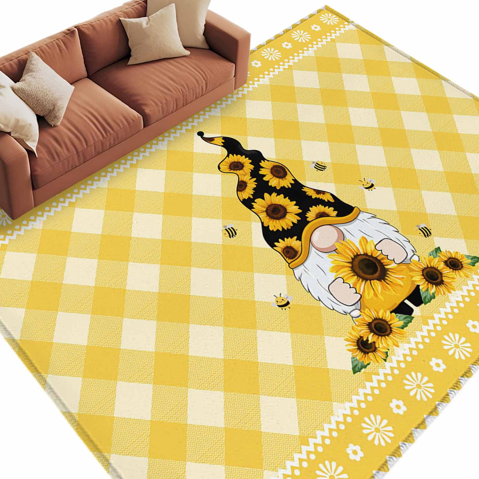 Area Rug 60×96in, Country Sunflower Dwarf and Bee Floor Carpet Living ...