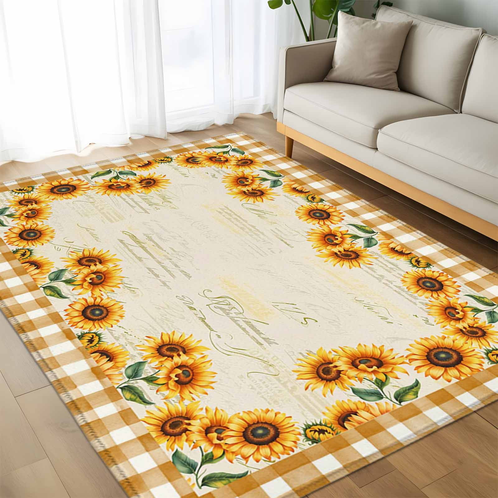 Area Rug 60×96in, Country Sunflower Orange Plaid Floor Carpet Living ...