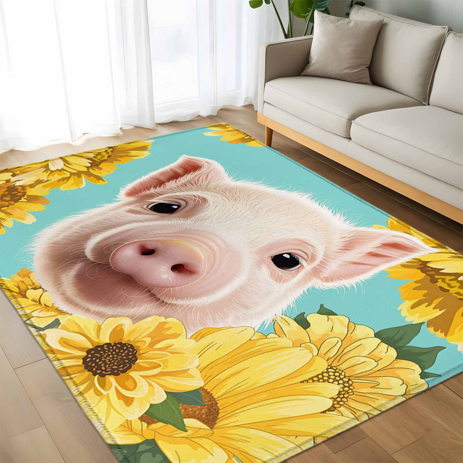 Area Rug 60×96in, Cute Farm Pig Floor Carpet Living Room Rug, Yellow ...