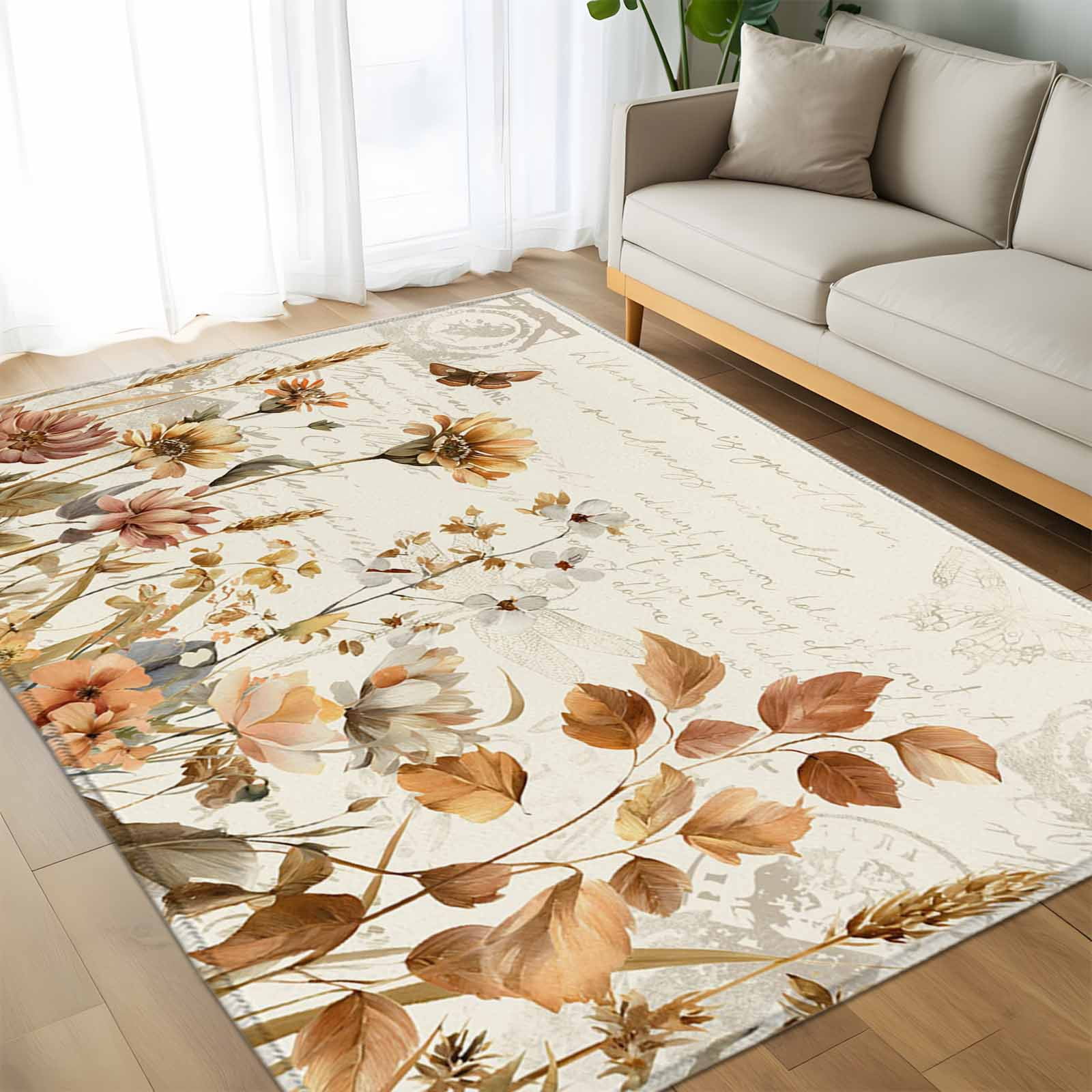 Area Rug 60×96in, Fall Wildflower Country Leaves Floor Carpet Living ...
