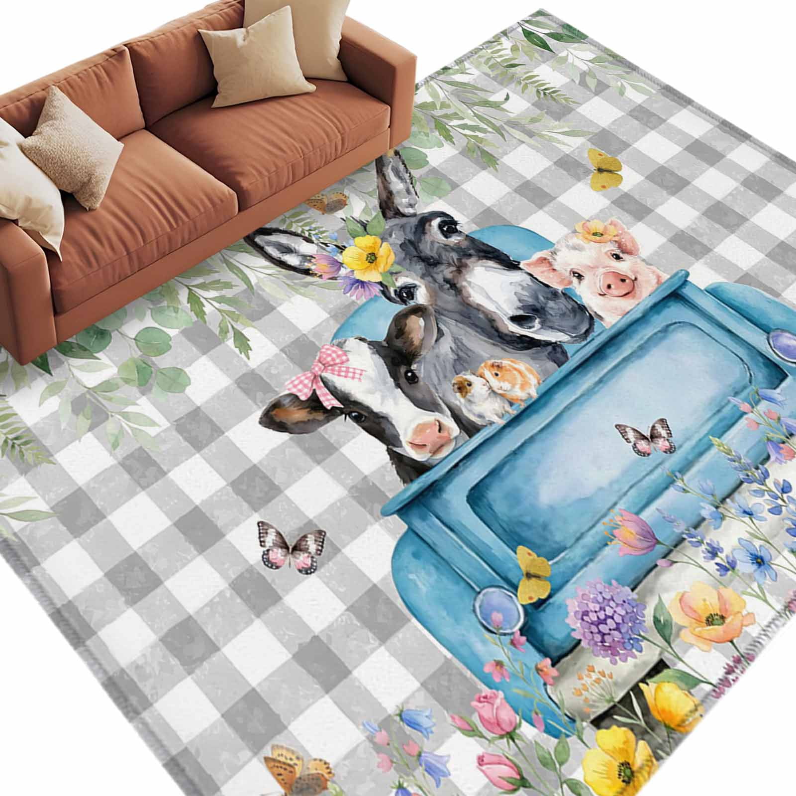 Area Rug 60×96in, Farm Donkeys Pigs Cows Floor Carpet Living Room Rug ...