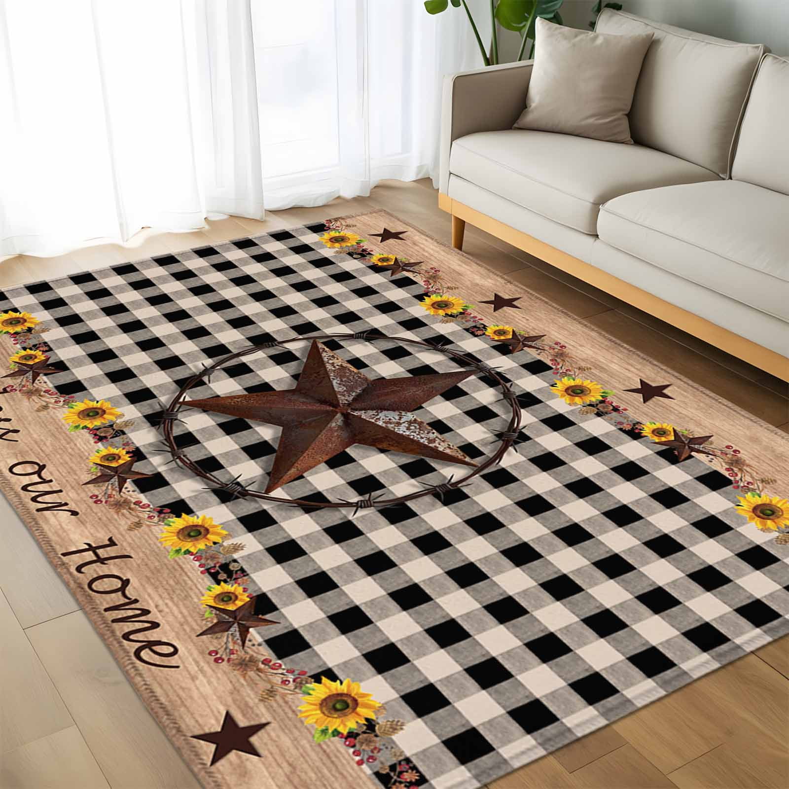 Area Rug 60×96in, Farm Star Sunflower Wood Grain Floor Carpet Living ...