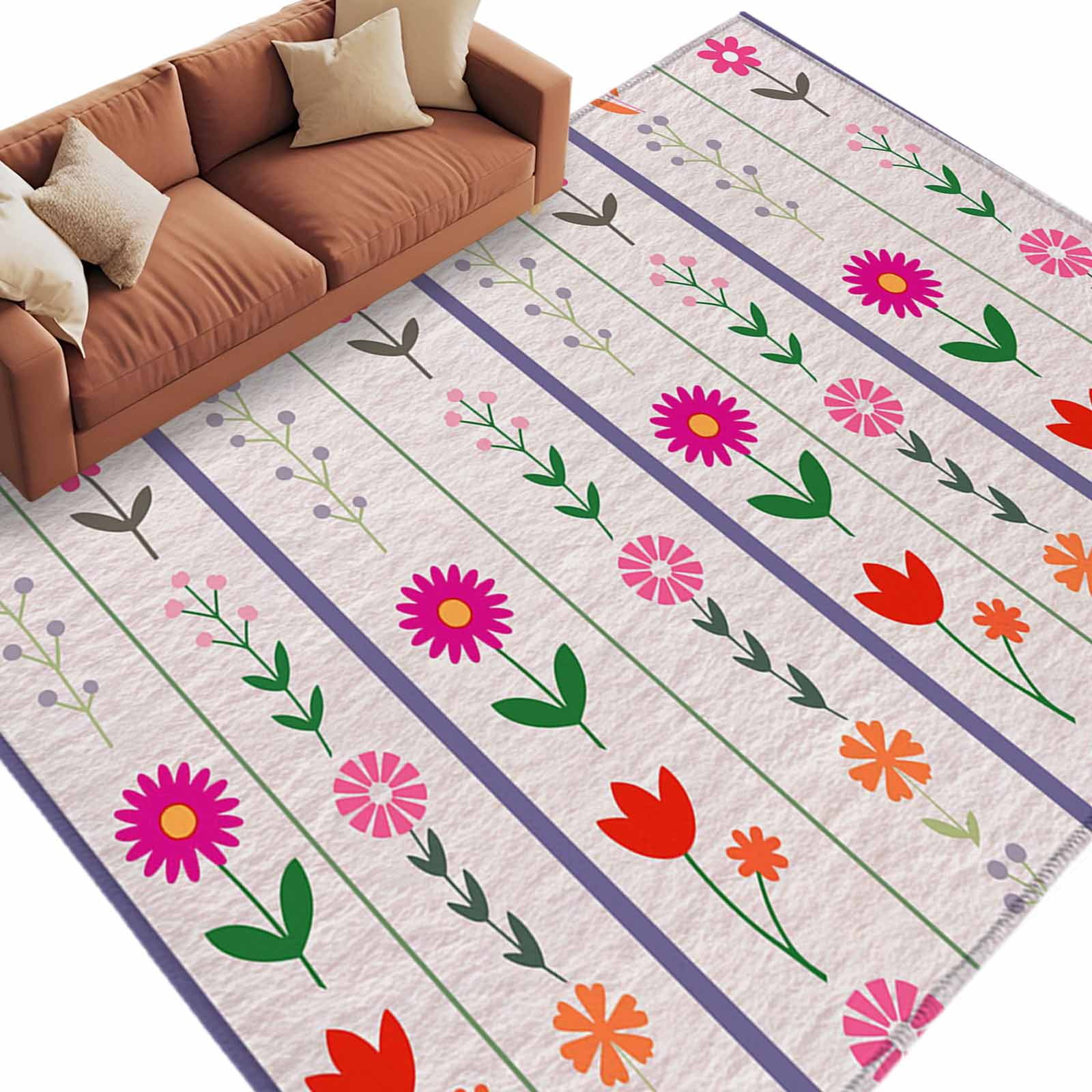 Area Rug 60×96in, Farm Watercolor Pink Wildflower Floor Carpet Living ...