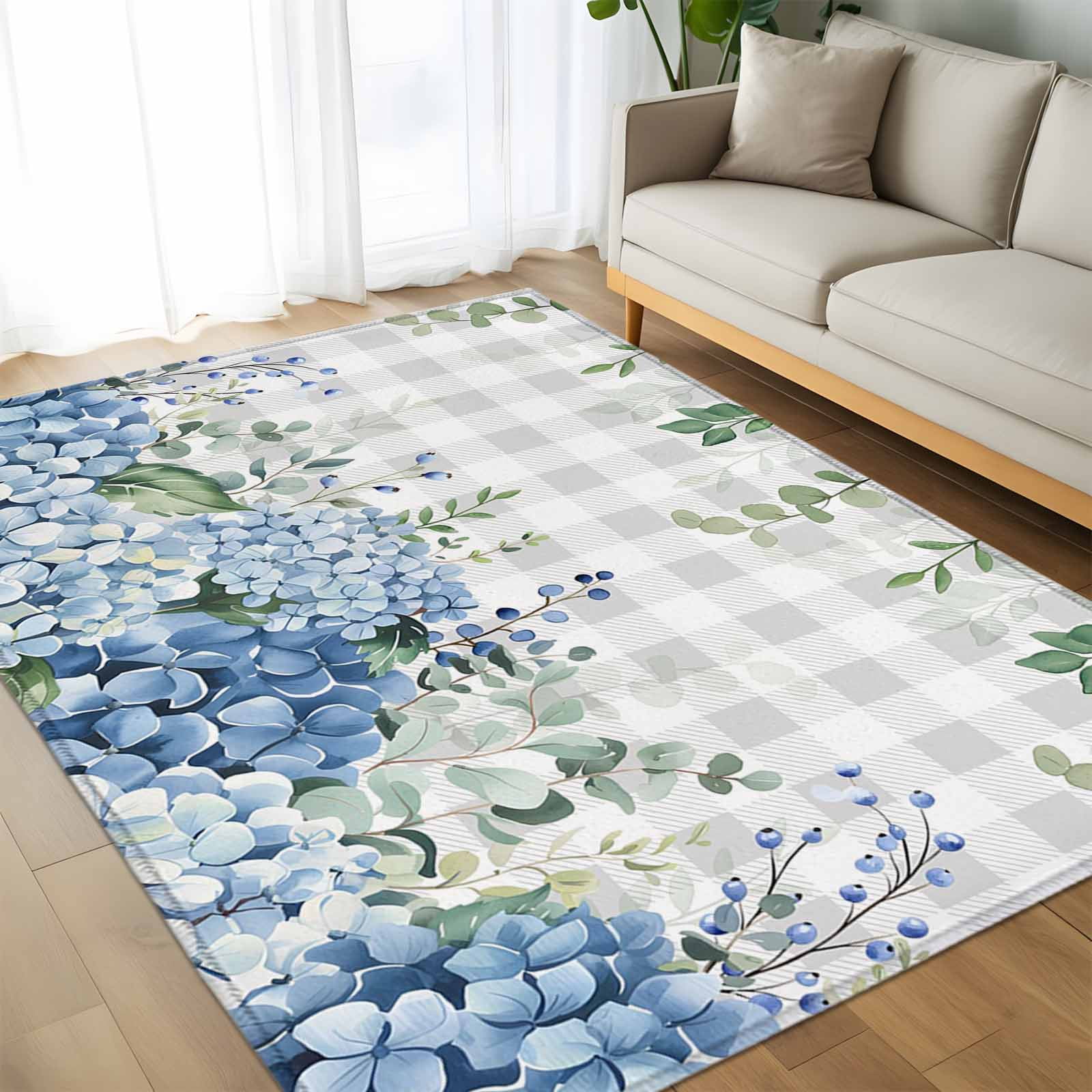 Area Rug 60×96in, Farmhouse Blue Hydrangeas Flower Leaves Floor Carpet ...