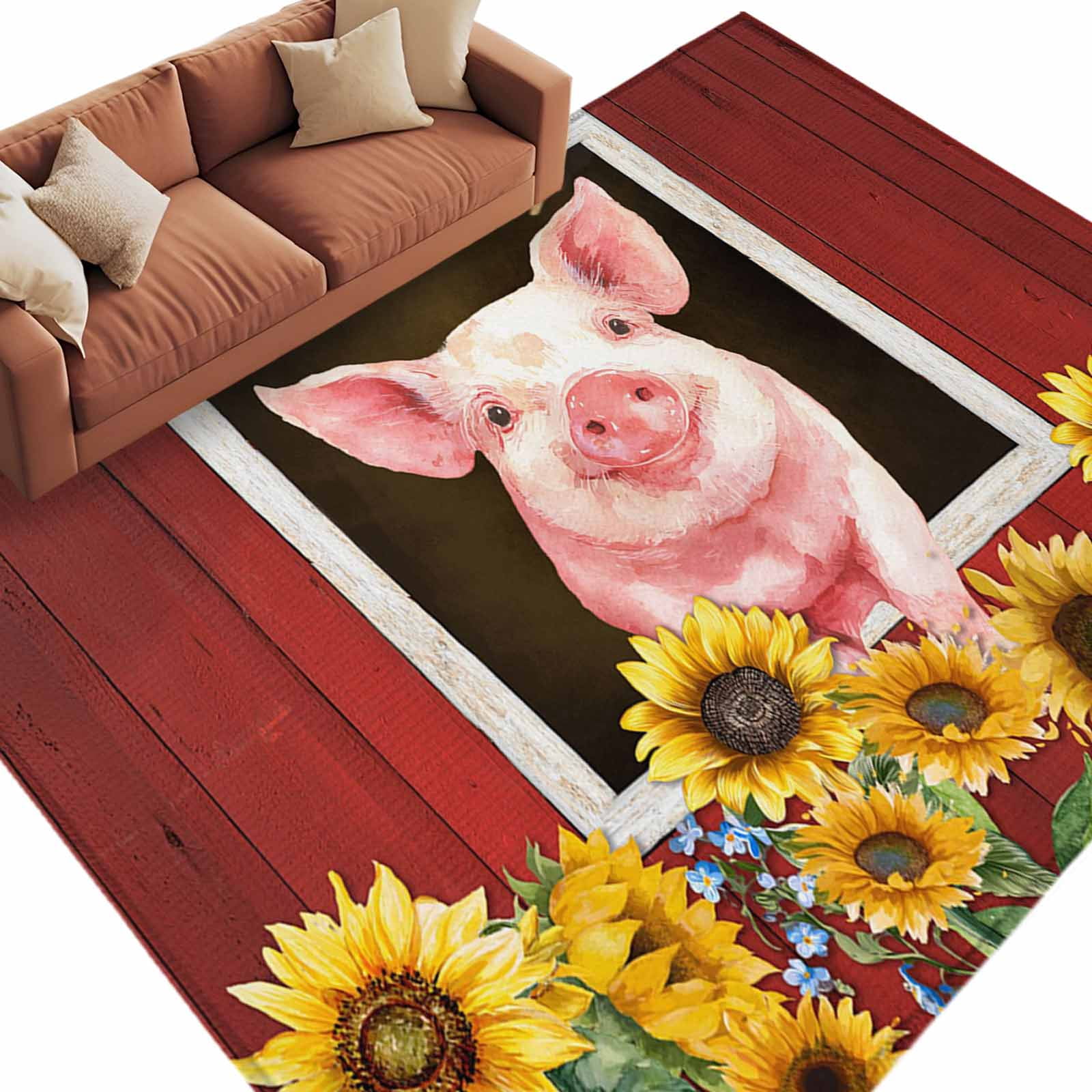 Area Rug 60×96in, Farmhouse Pig Sunflower Bee Floor Carpet Living Room ...