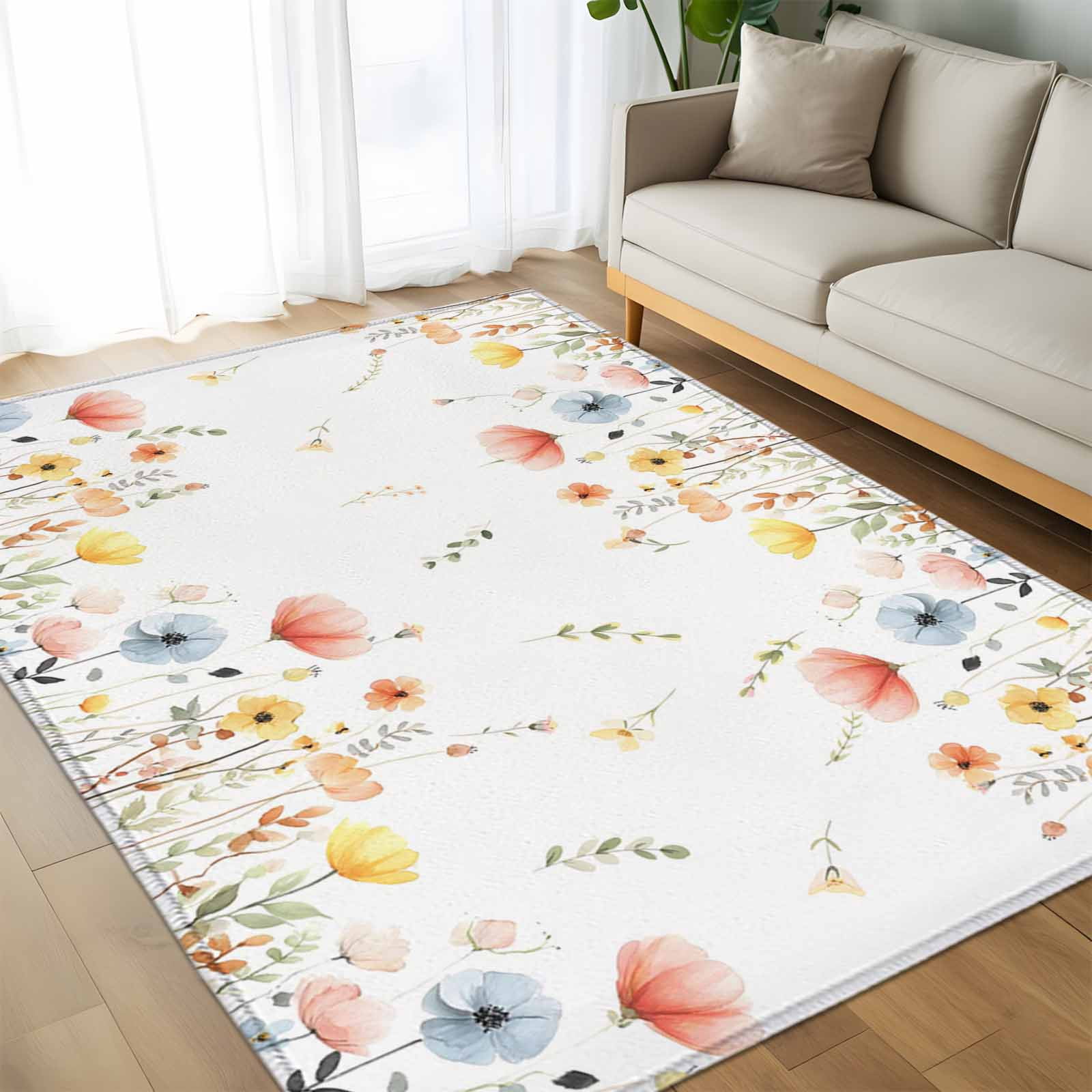 Area Rug 60×96in, Farms Pink Blue Poppy Flowers Floor Carpet Living ...