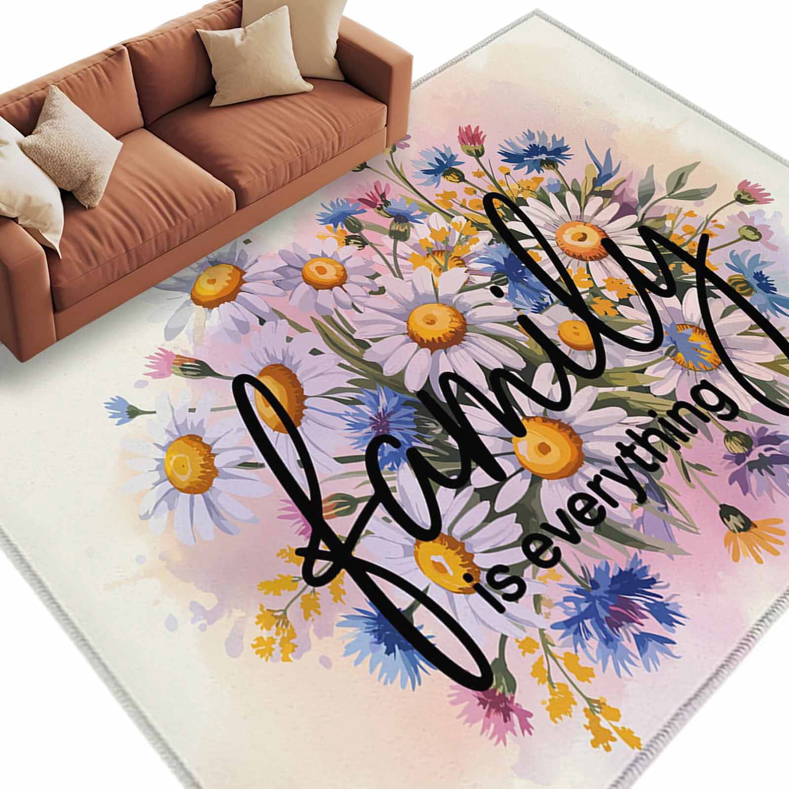 Area Rug 60×96in, Flower and Family Word on White Pink Floor Carpet ...