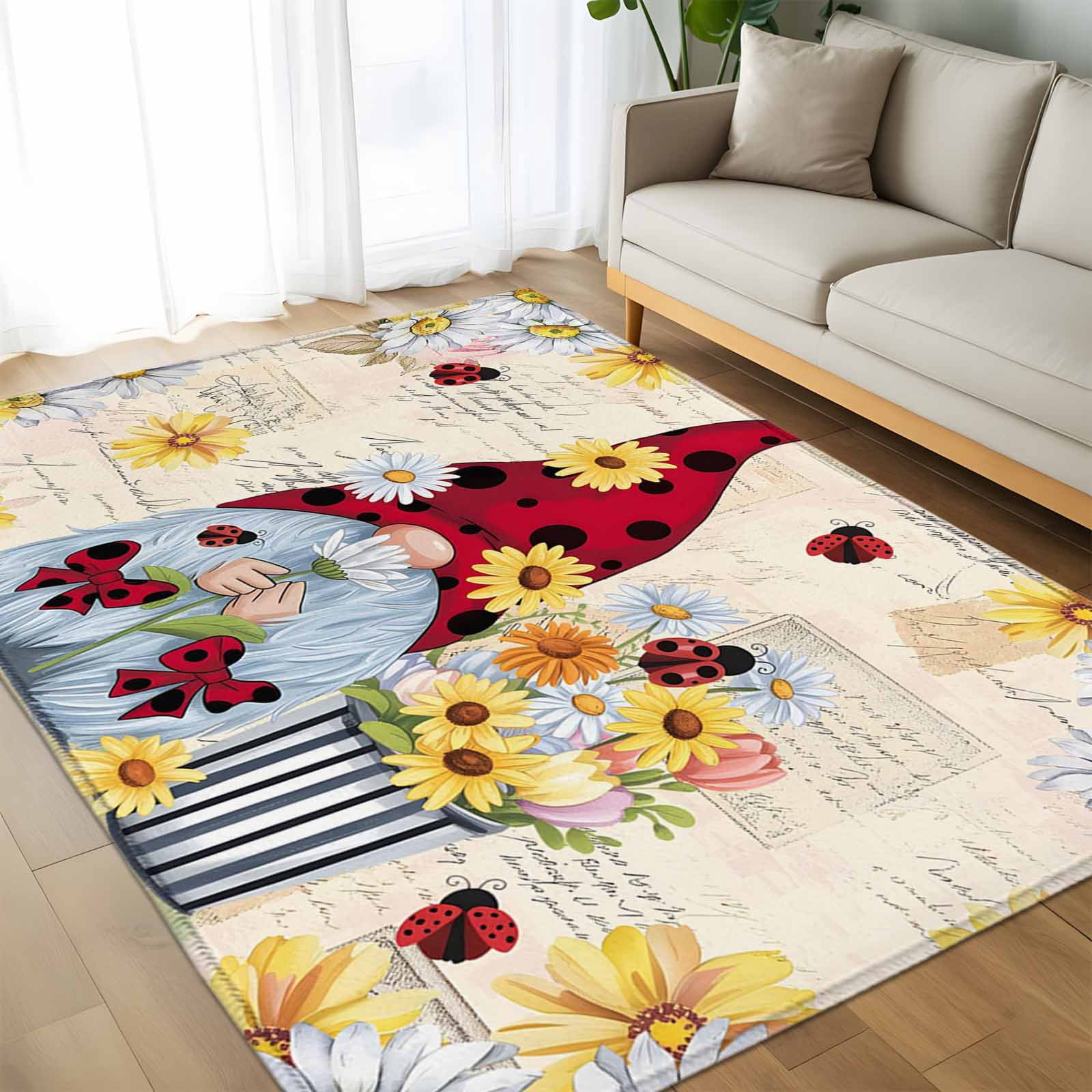 Area Rug 60×96in, Gnome Rustic White Yellow Floral Floor Carpet Living ...