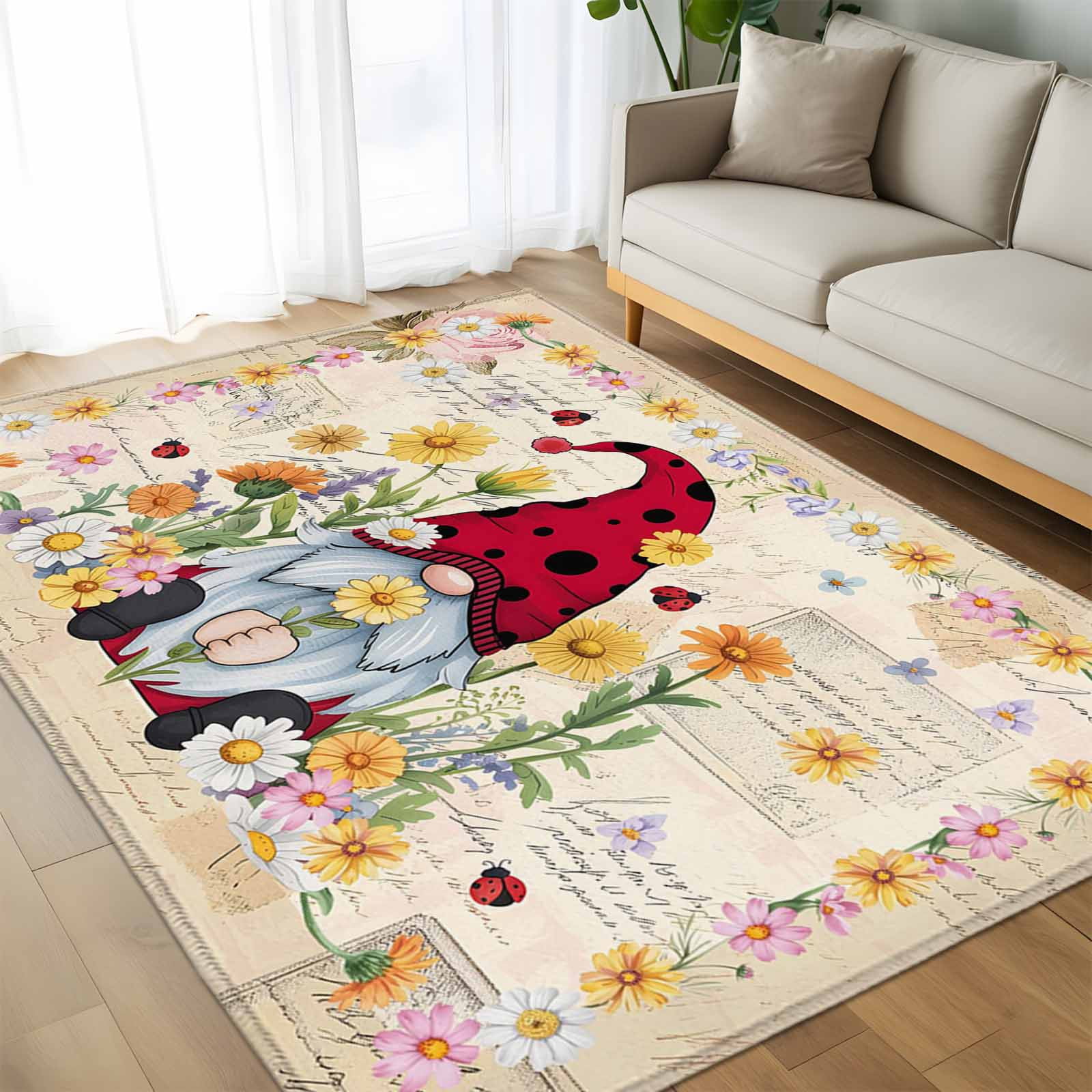 Area Rug 60×96in, Ladybug Dwarf Daisy Flower Watercolor Floor Carpet ...