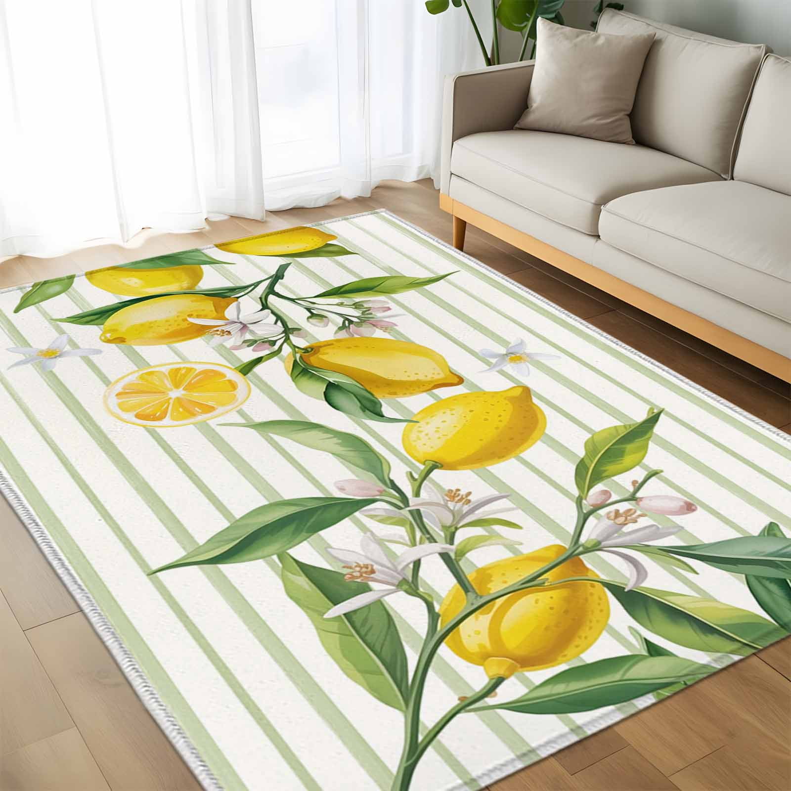 Area Rug 60×96in, Lemon Summer Flower Sage Green Stripes Floor Carpet ...