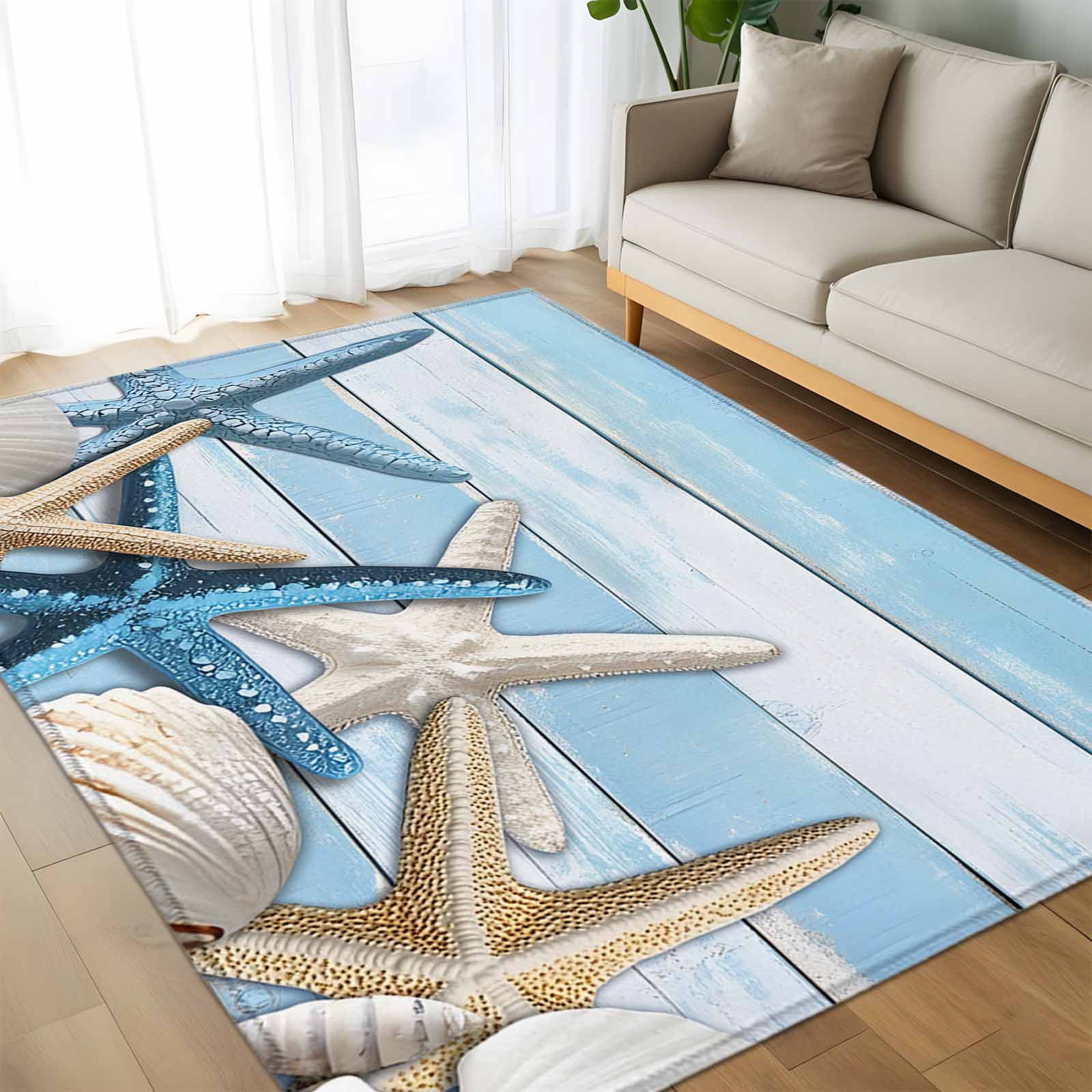 Area Rug 60×96in, Marine Starfish Shell on Wood Grain Floor Carpet ...