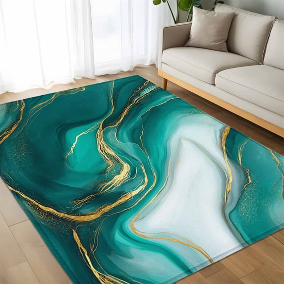 Area Rug 60×96in, Modern Teal Marble Gold Line Floor Carpet Living Room ...