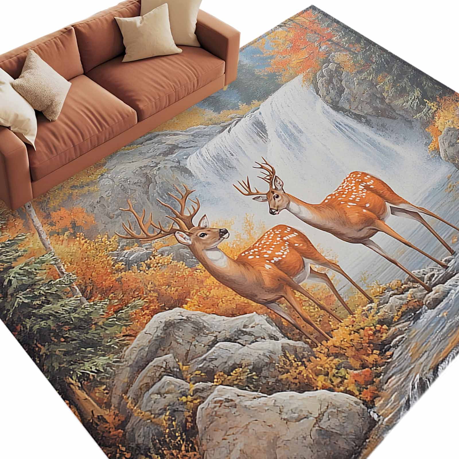 Area Rug 60×96in, Natural Forest Waterfall Antlers Floor Carpet Living ...