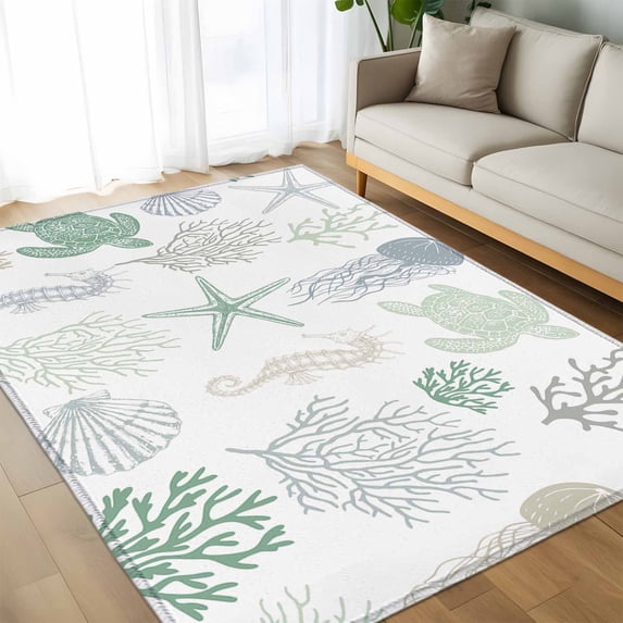 Area Rug 60×96in, Nautical Coral Sea Turtle Summer Beach Floor Carpet ...