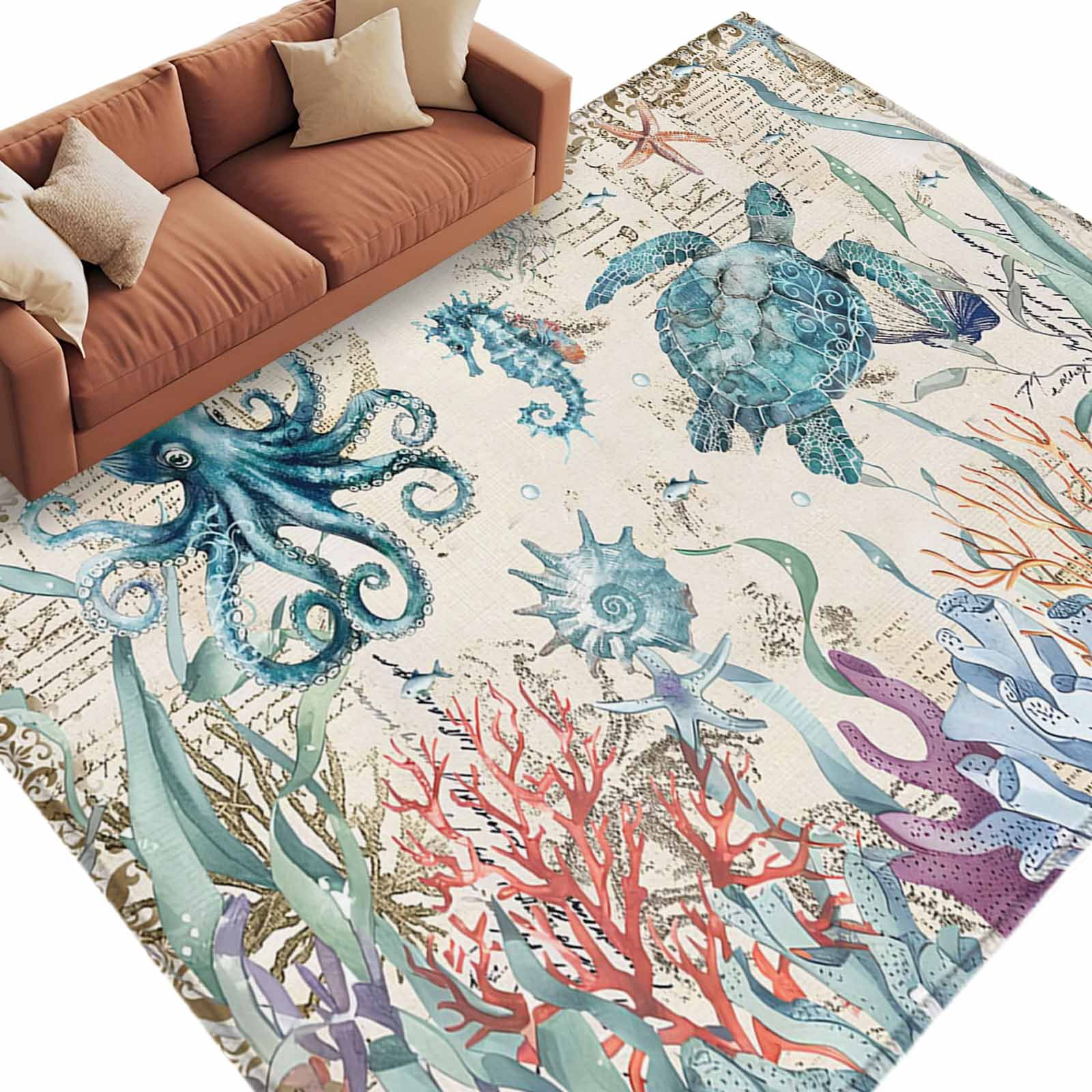 Area Rug 60×96in, Nautical Sea Turtles Seaweed Floor Carpet Living Room ...