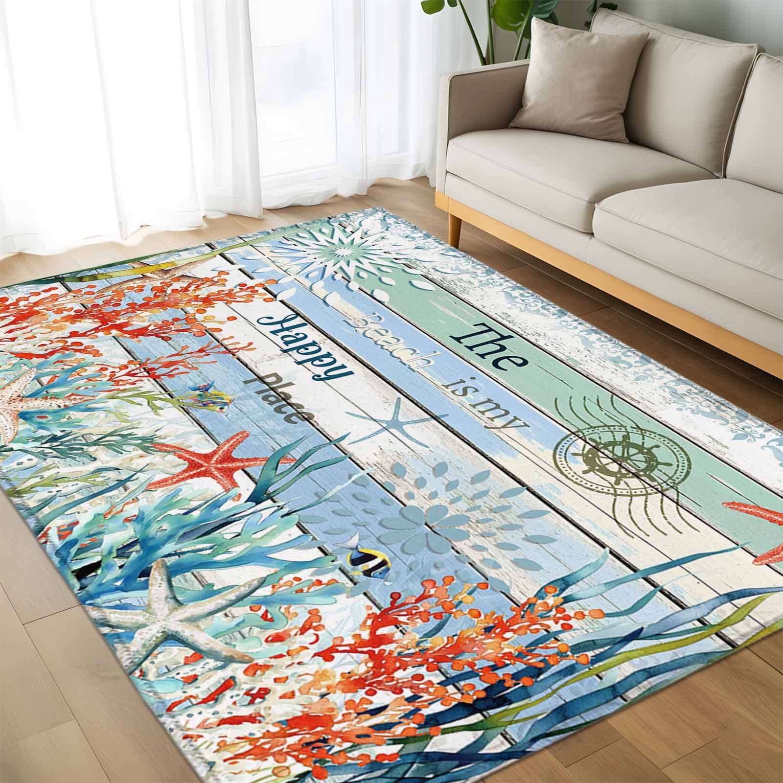 Area Rug 60×96in, Nautical Starfish Coral Fish on Stamp Wooden Floor ...