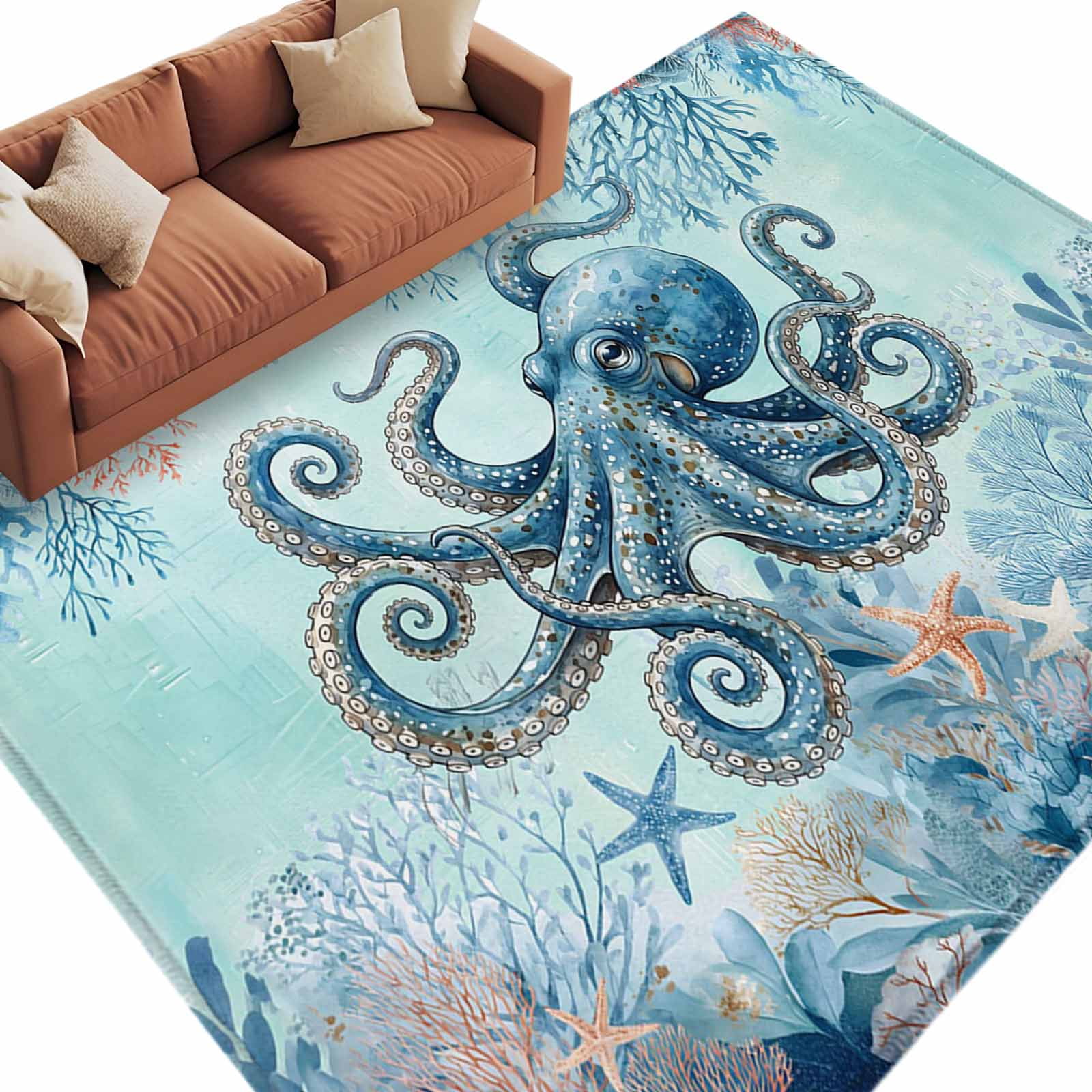 Area Rug 60×96in, Ocean Beach Octopus Corals Floor Carpet Living Room ...